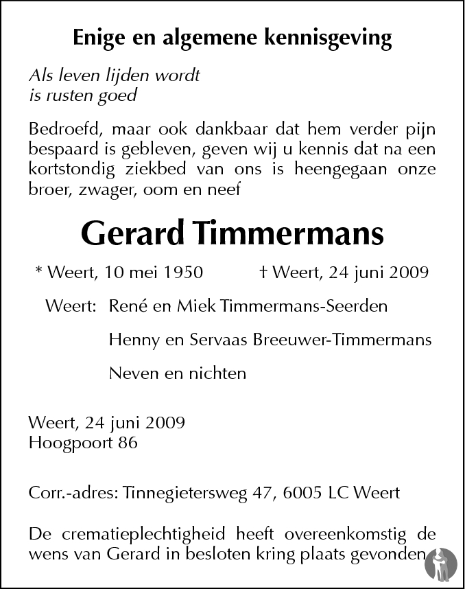 Gerard Timmermans 24-06-2009 overlijdensbericht en condoleances ...