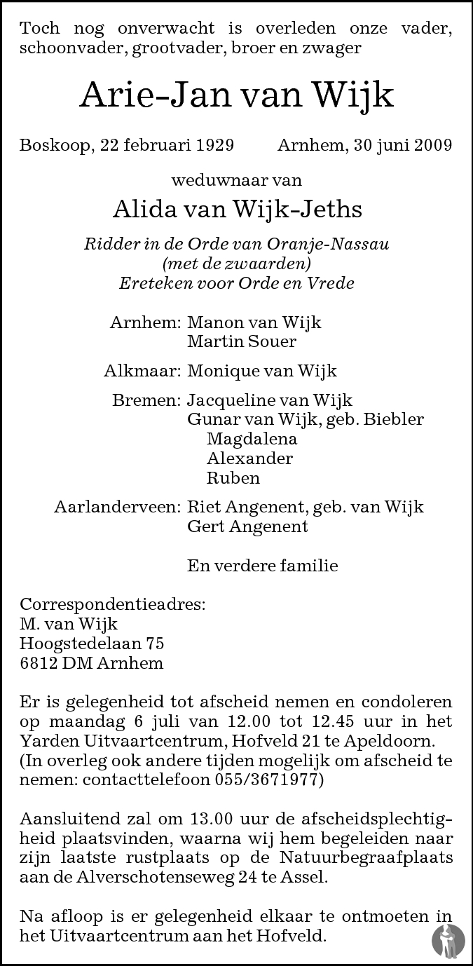 Arie-Jan van Wijk 30-06-2009 overlijdensbericht en condoleances ...