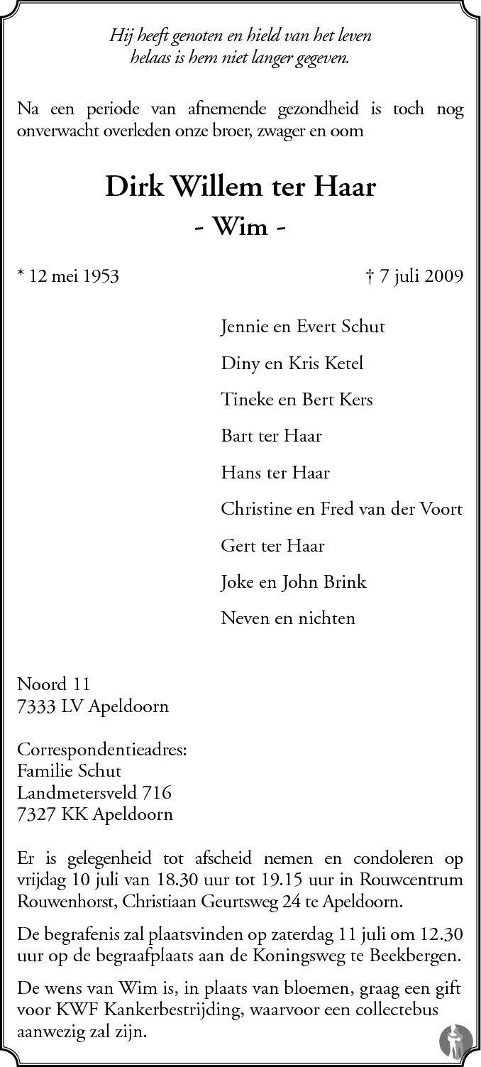 Dirk Willem (Wim) ter Haar 07-07-2009 overlijdensbericht en ...