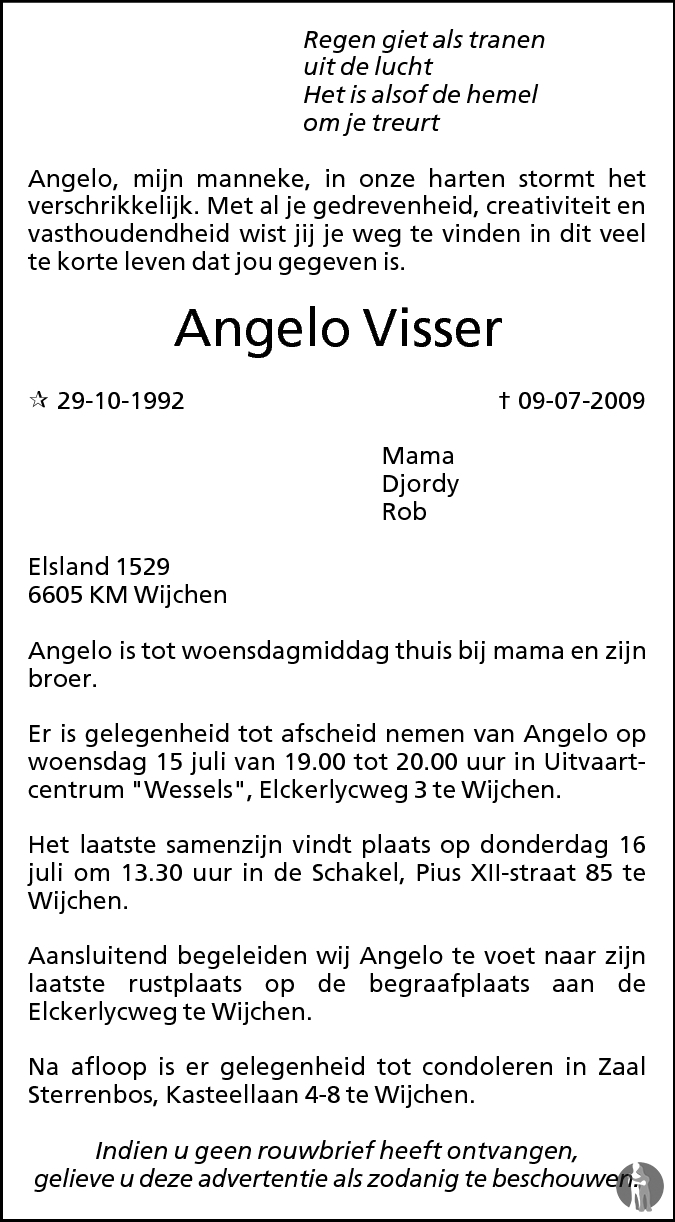 Angelo Visser 09-07-2009 overlijdensbericht en condoleances - Mensenlinq.nl