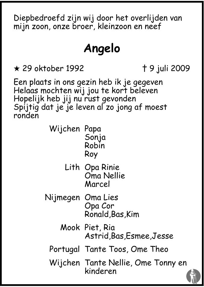 Angelo Visser 09-07-2009 overlijdensbericht en condoleances - Mensenlinq.nl