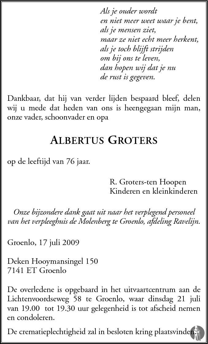 Albertus Groters 17-07-2009 overlijdensbericht en condoleances ...