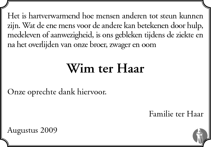 Dirk Willem (Wim) ter Haar 07-07-2009 overlijdensbericht en ...