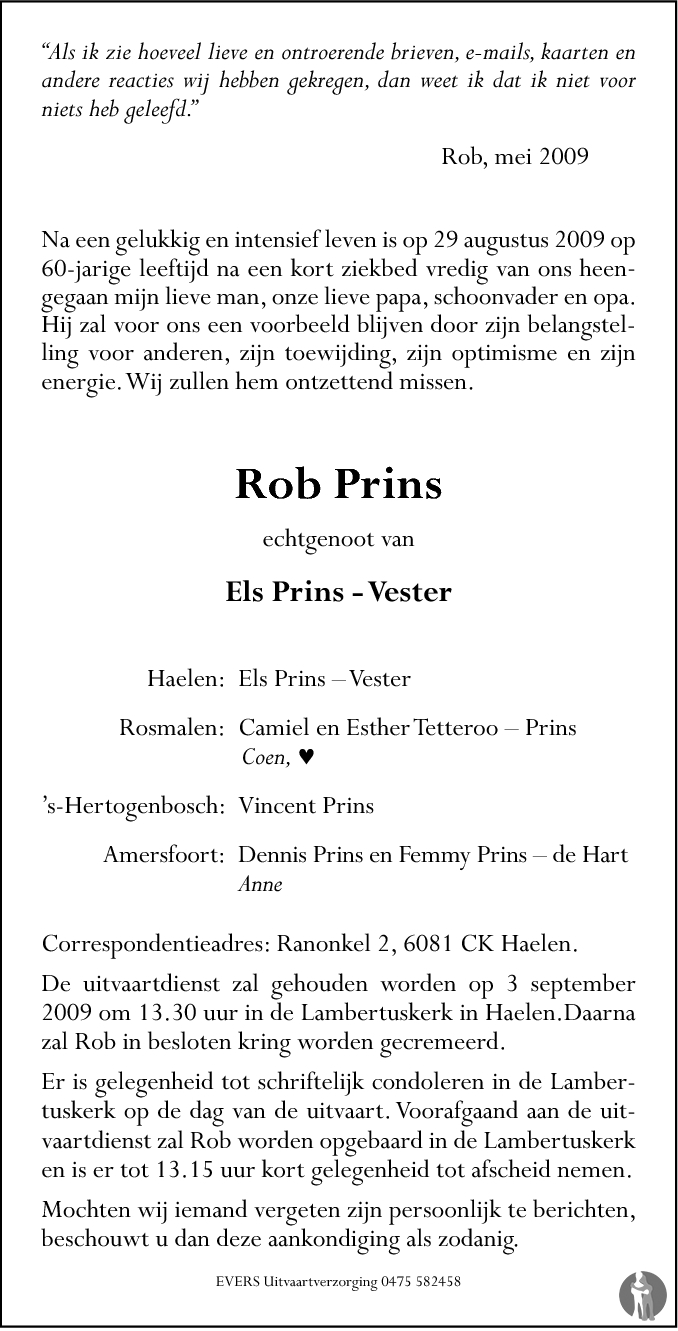 Rob Prins 29-08-2009 overlijdensbericht en condoleances - Mensenlinq.nl