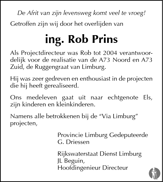 Rob Prins 29-08-2009 overlijdensbericht en condoleances - Mensenlinq.nl