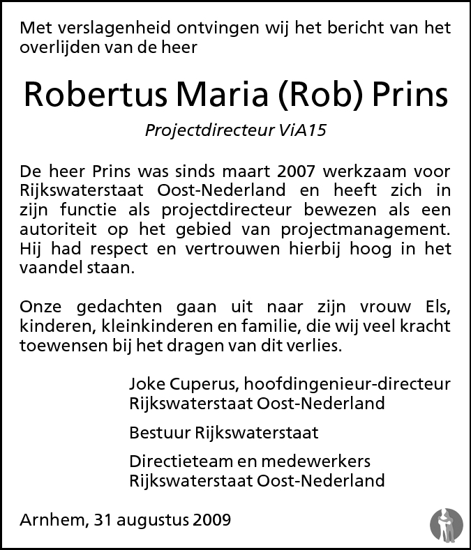 Rob Prins 29-08-2009 overlijdensbericht en condoleances - Mensenlinq.nl