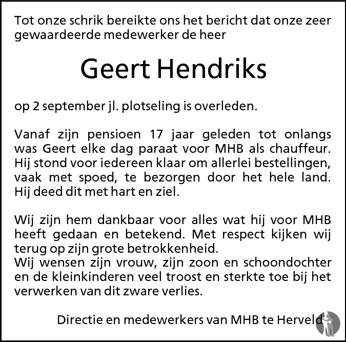 Geert Hendriks 02-09-2009 overlijdensbericht en condoleances ...