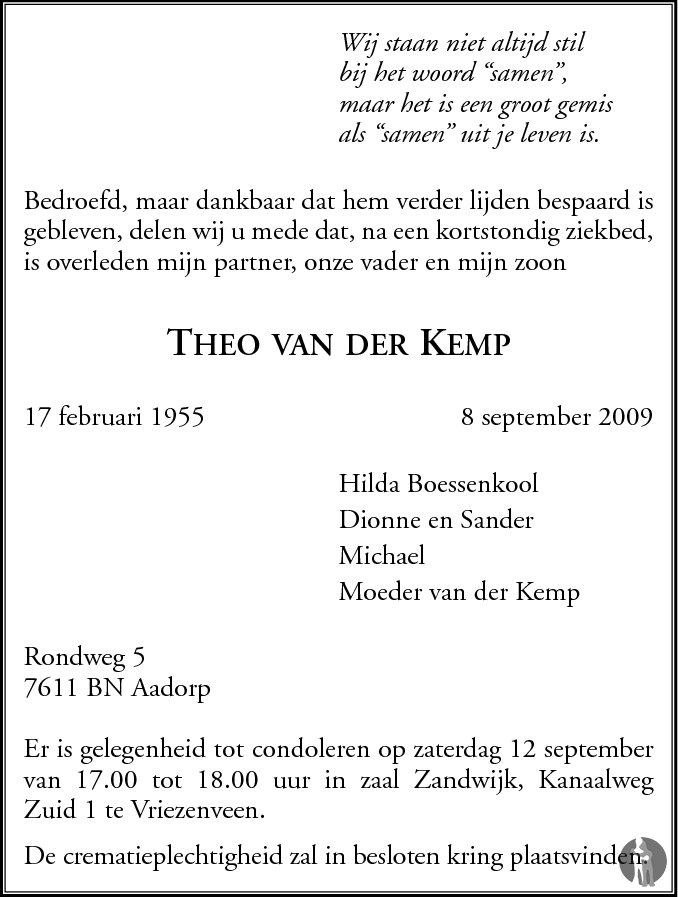 Theo van der Kemp 08-09-2009 overlijdensbericht en condoleances ...