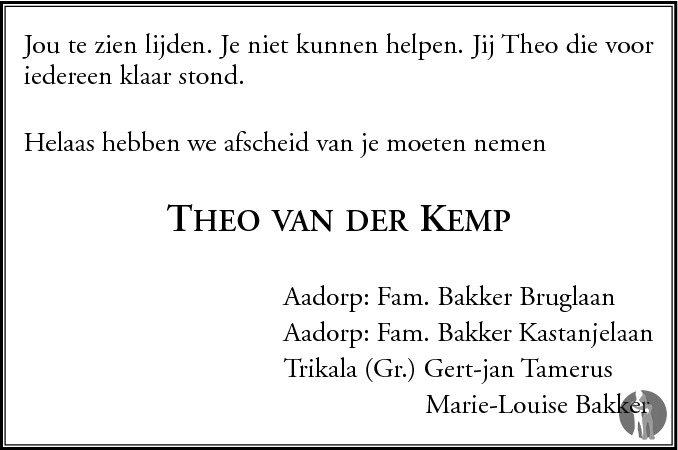 Theo van der Kemp 08-09-2009 overlijdensbericht en condoleances ...