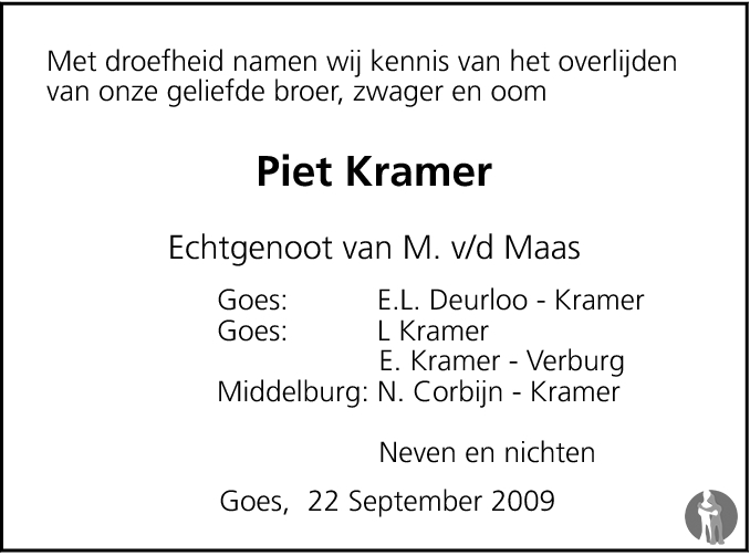 Pieter Kramer 19-09-2009 overlijdensbericht en condoleances - Mensenlinq.nl
