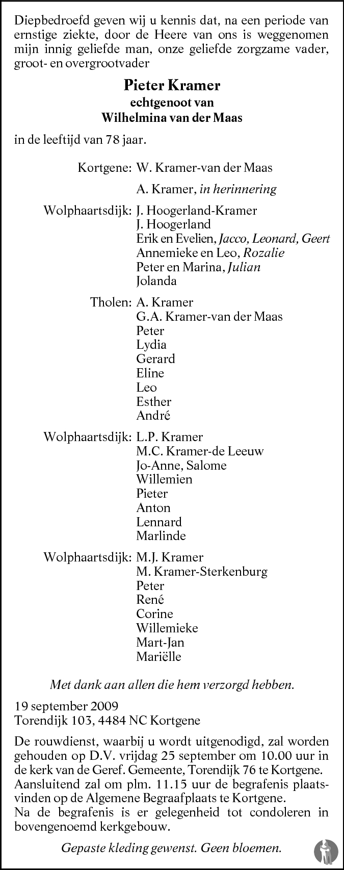 Pieter Kramer 19-09-2009 overlijdensbericht en condoleances - Mensenlinq.nl