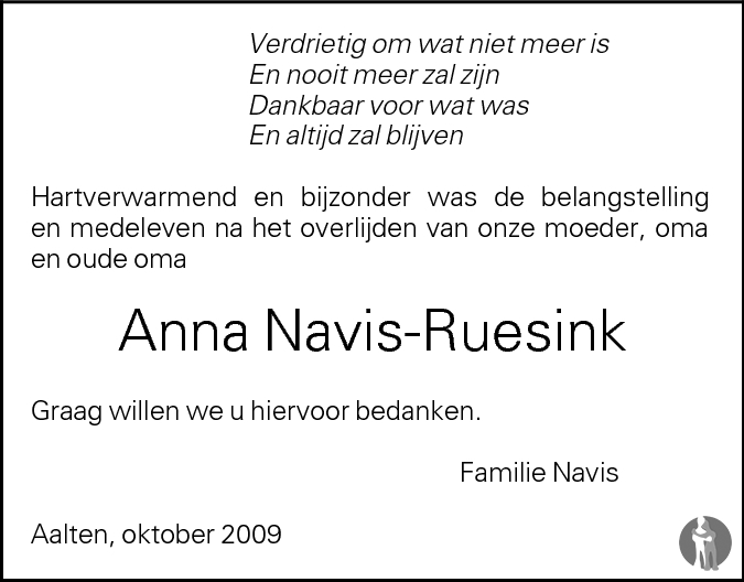 Anna Hendrika Navis - Ruesink 14-08-2009 overlijdensbericht en ...