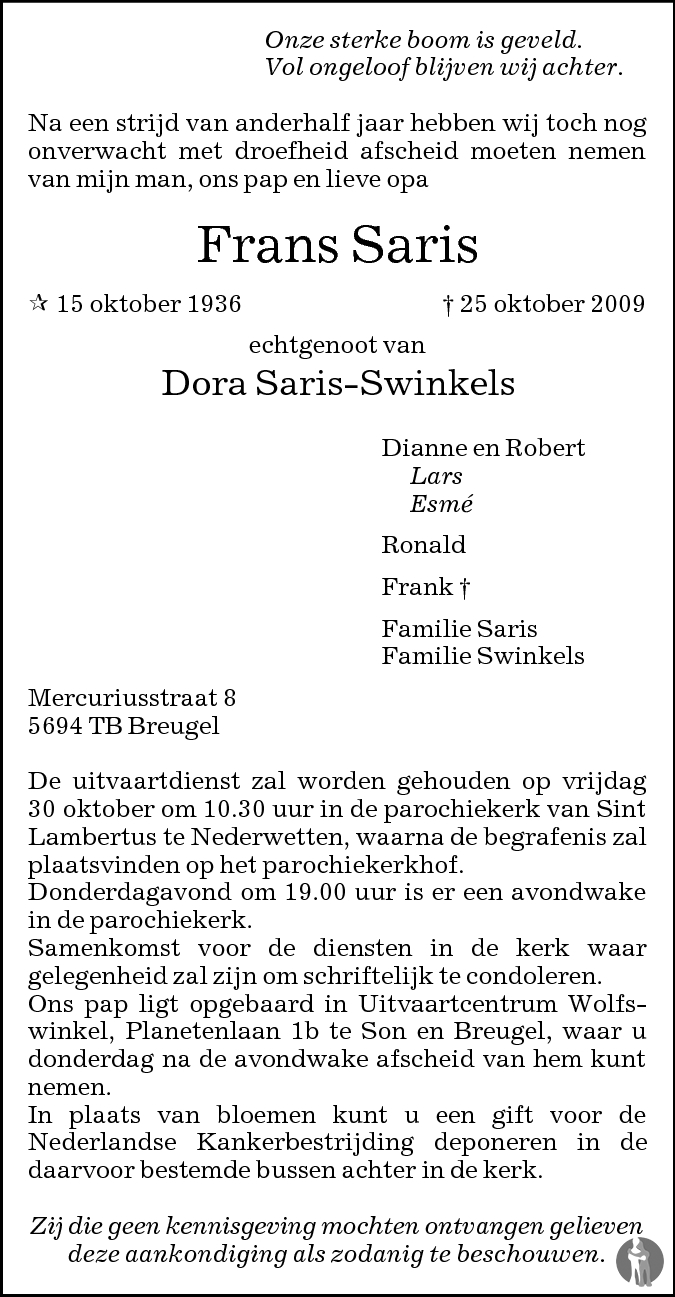 Frans Saris 25-10-2009 overlijdensbericht en condoleances - Mensenlinq.nl