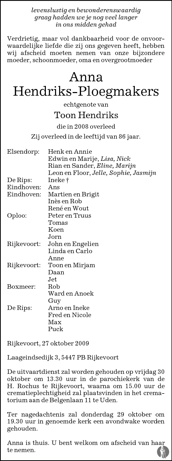 Anna Hendriks - Ploegmakers 27-10-2009 overlijdensbericht en ...