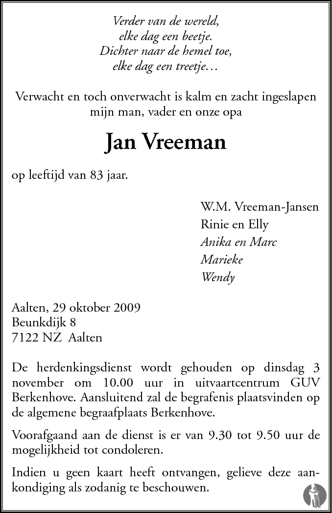 Jan Vreeman 29-10-2009 overlijdensbericht en condoleances - Mensenlinq.nl