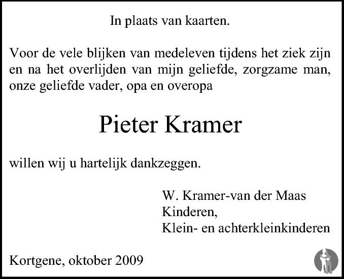 Pieter Kramer 19-09-2009 overlijdensbericht en condoleances - Mensenlinq.nl