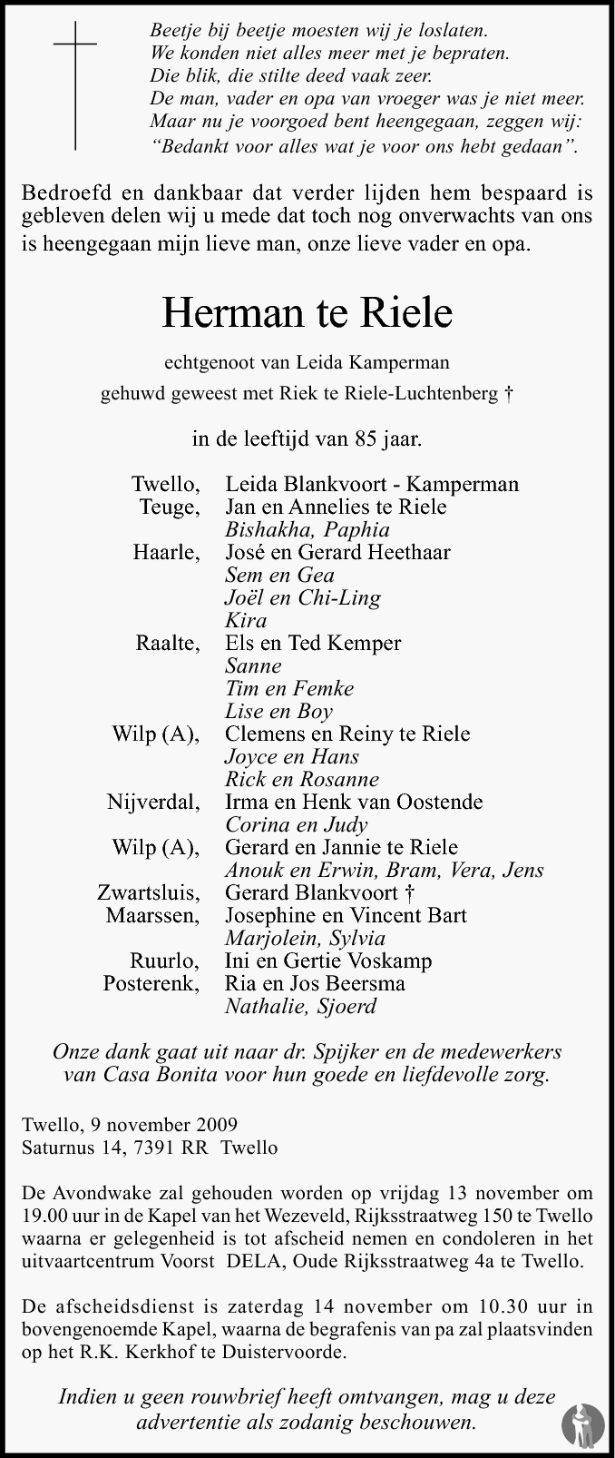 Herman te Riele 09-11-2009 overlijdensbericht en condoleances ...