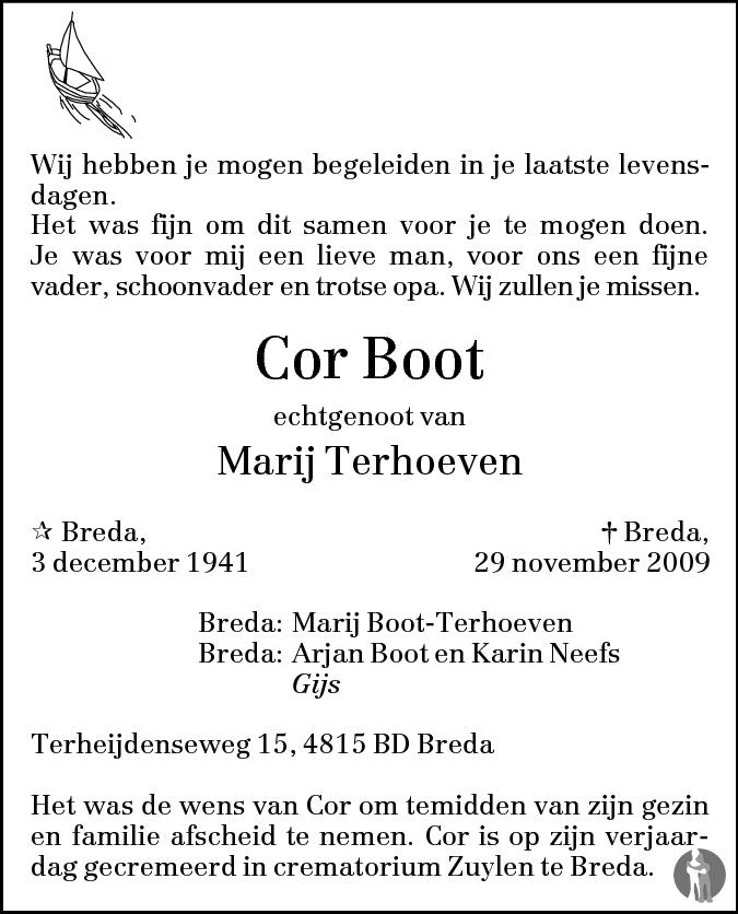 Cor Boot 29-11-2009 overlijdensbericht en condoleances - Mensenlinq.nl