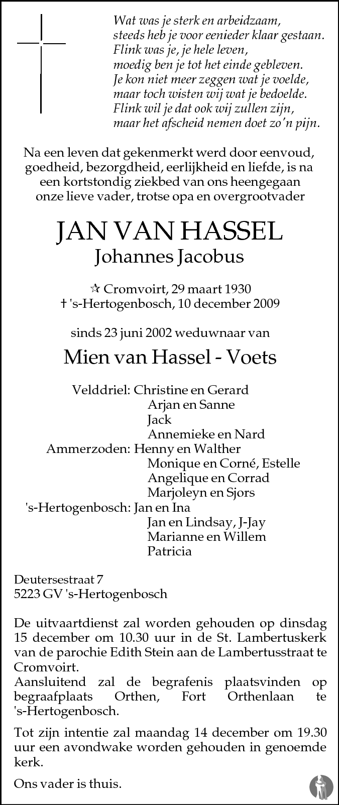Johannes Jacobus (Jan) van Hassel 10-12-2009 overlijdensbericht en ...