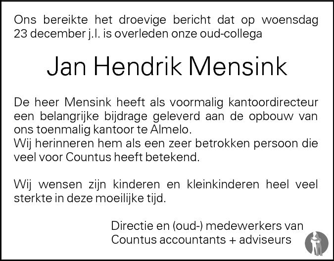 Jan Hendrik Mensink 23-12-2009 overlijdensbericht en condoleances ...
