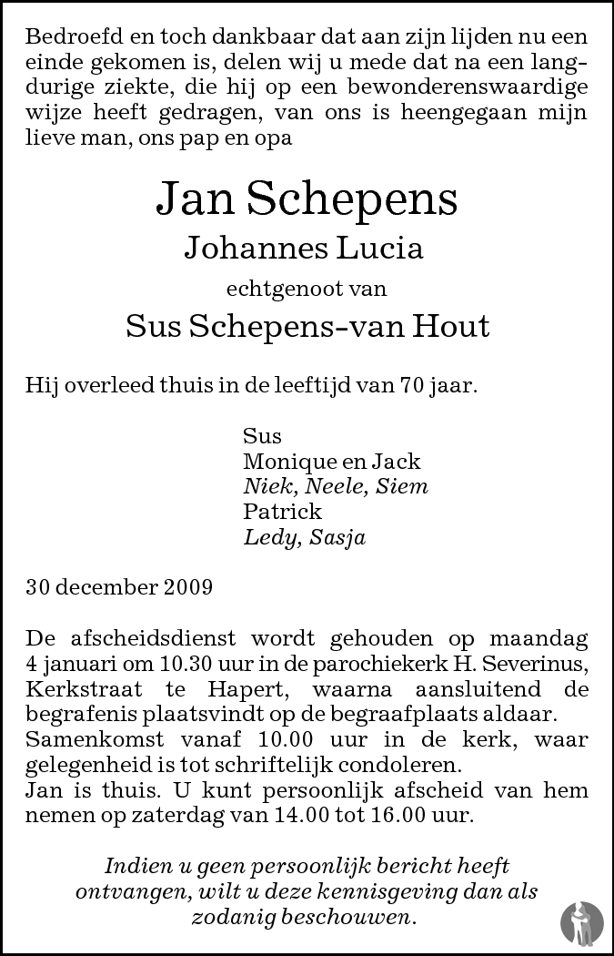 Johannes Lucia (Jan) Schepens 30-12-2009 overlijdensbericht en ...