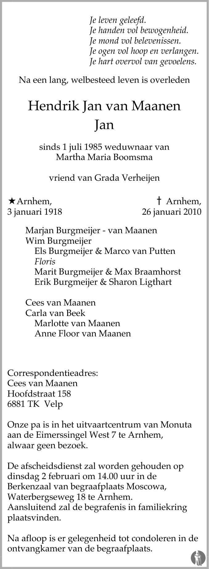 Hendrik Jan van Maanen 26-01-2010 overlijdensbericht en condoleances ...