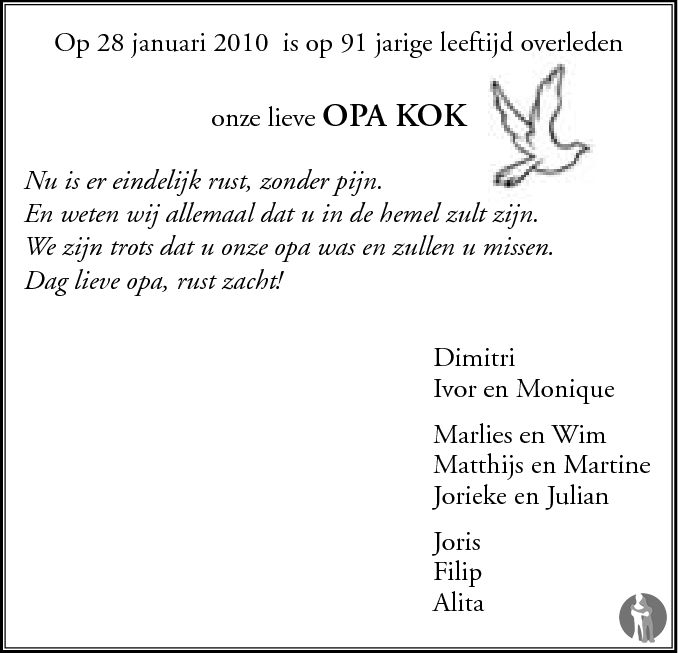 Jacobus Johannes (Jaap) Kok 28-01-2010 overlijdensbericht en ...
