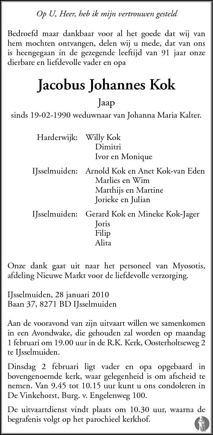 Jacobus Johannes (Jaap) Kok 28-01-2010 overlijdensbericht en ...