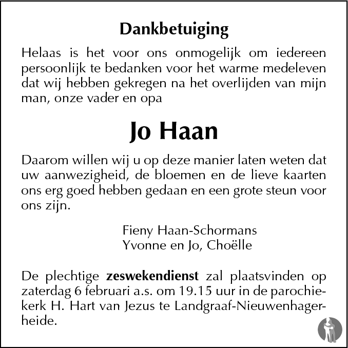 Jo Haan 26-12-2009 overlijdensbericht en condoleances - Mensenlinq.nl