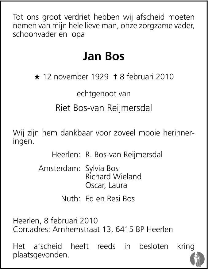 Jan Bos 08-02-2010 overlijdensbericht en condoleances - Mensenlinq.nl