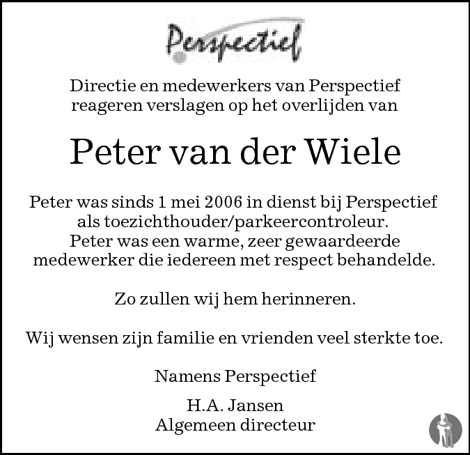 Peter van der Wiele 10-02-2010 overlijdensbericht en condoleances ...