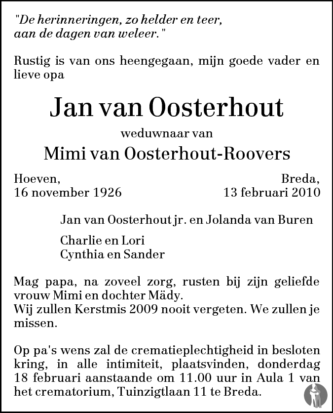 Jan van Oosterhout 13-02-2010 overlijdensbericht en condoleances ...