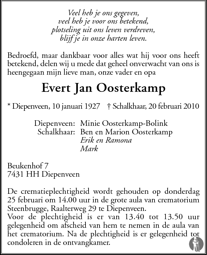 Evert Jan Oosterkamp 20-02-2010 overlijdensbericht en condoleances ...