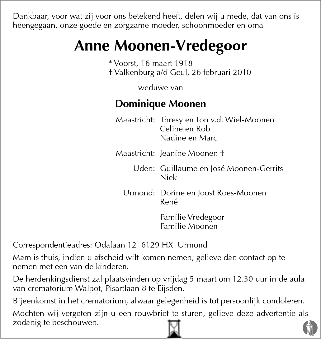 Anne Moonen - Vredegoor 26-02-2010 overlijdensbericht en condoleances ...