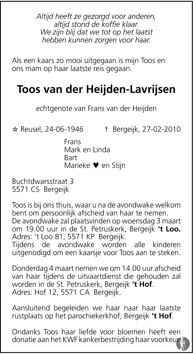 Toos van der Heijden - Lavrijsen 27-02-2010 overlijdensbericht en ...