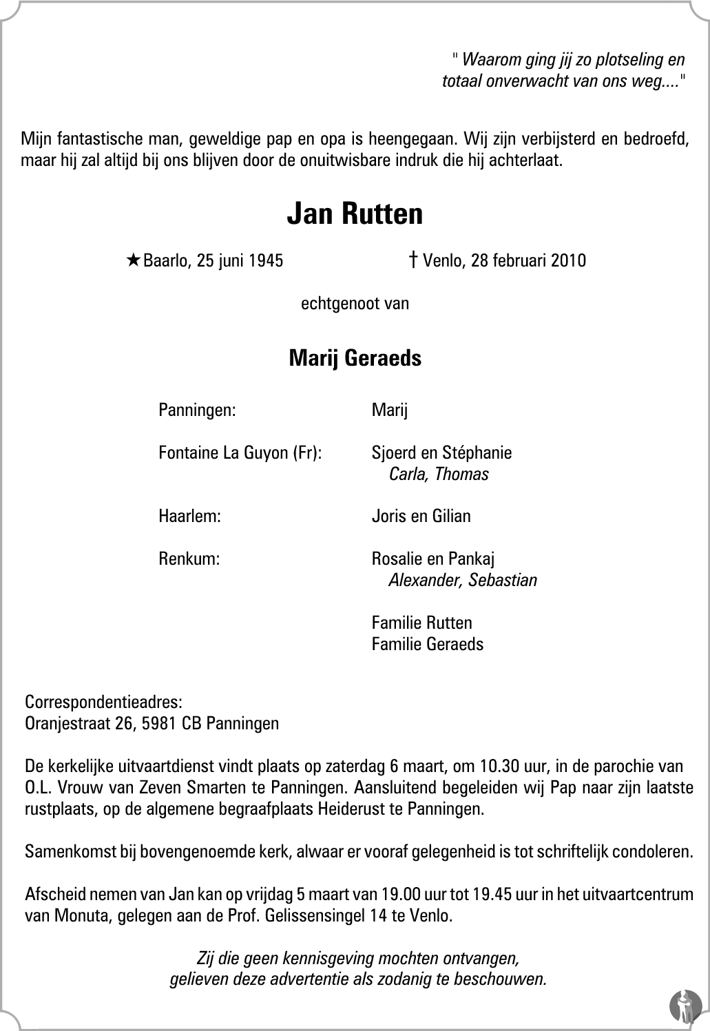 Jan Rutten 28-02-2010 overlijdensbericht en condoleances - Mensenlinq.nl