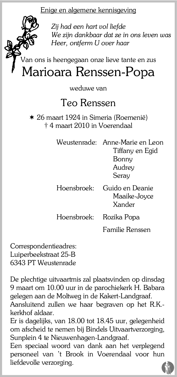 Marioara Renssen - Popa 04-03-2010 overlijdensbericht en condoleances ...