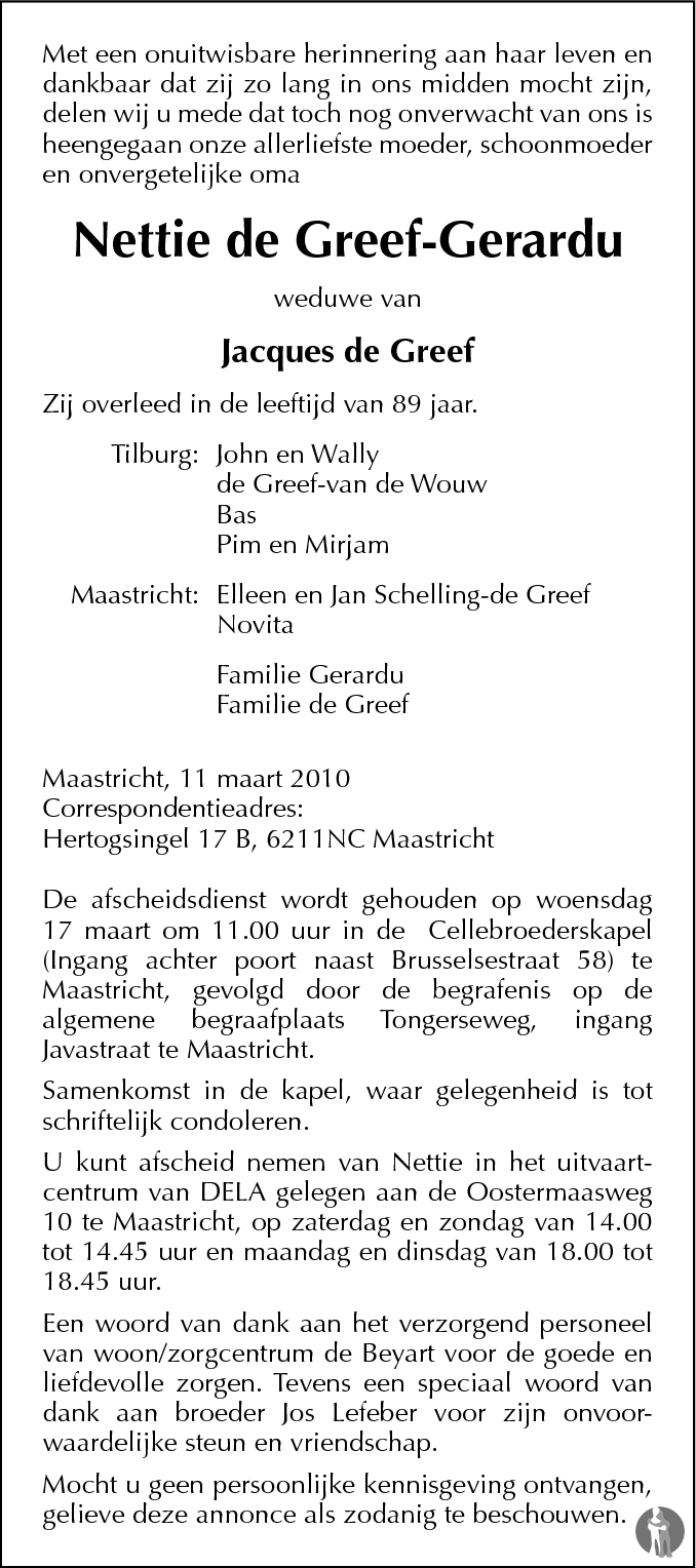 Nettie de Greef - Gerardu 11-03-2010 overlijdensbericht en condoleances ...