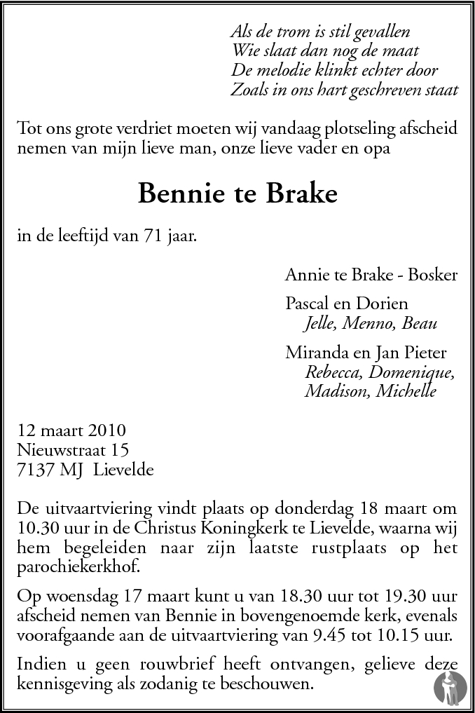 Bennie te Brake 12-03-2010 overlijdensbericht en condoleances ...
