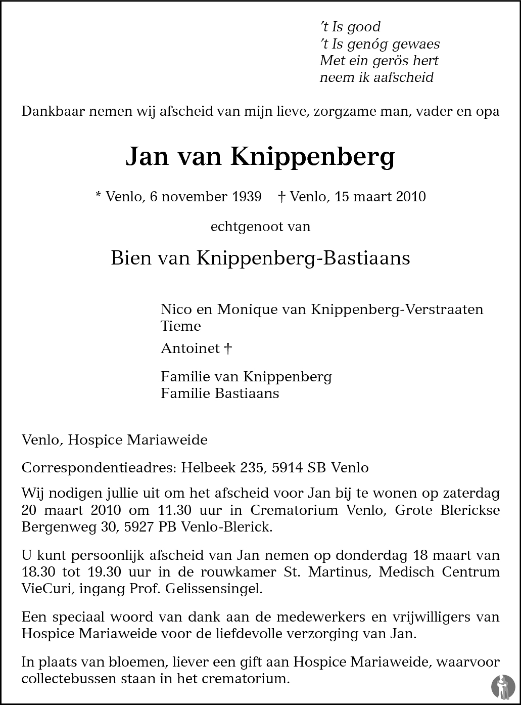 Jan van Knippenberg 15-03-2010 overlijdensbericht en condoleances ...