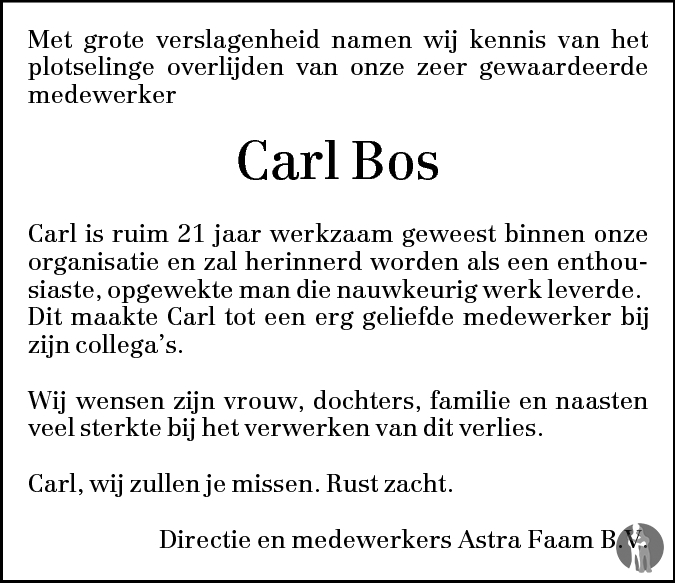 Carl Bos 17-03-2010 overlijdensbericht en condoleances - Mensenlinq.nl