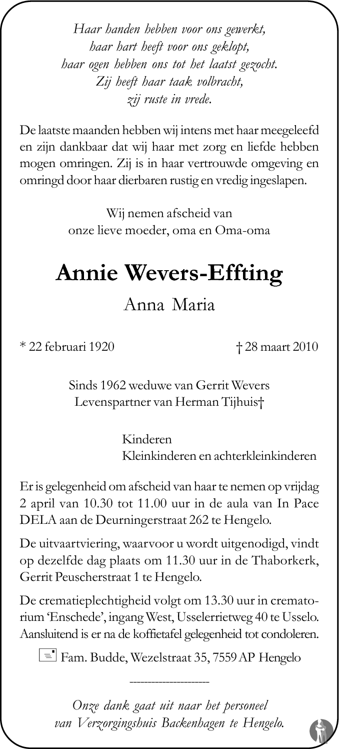 Anna Maria (Annie) Wevers - Effting 28-03-2010 overlijdensbericht en ...