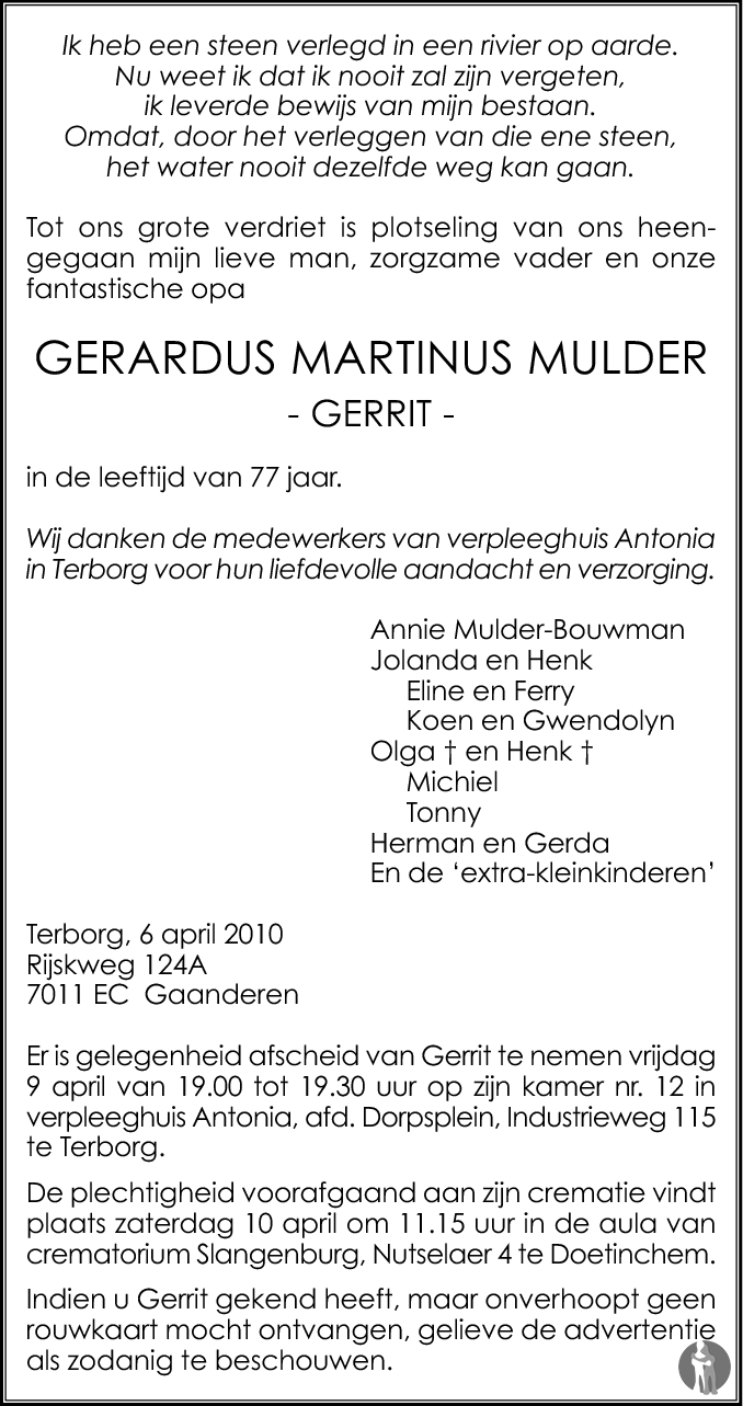 Gerardus Martinus (Gerrit) Mulder 06-04-2010 overlijdensbericht en ...