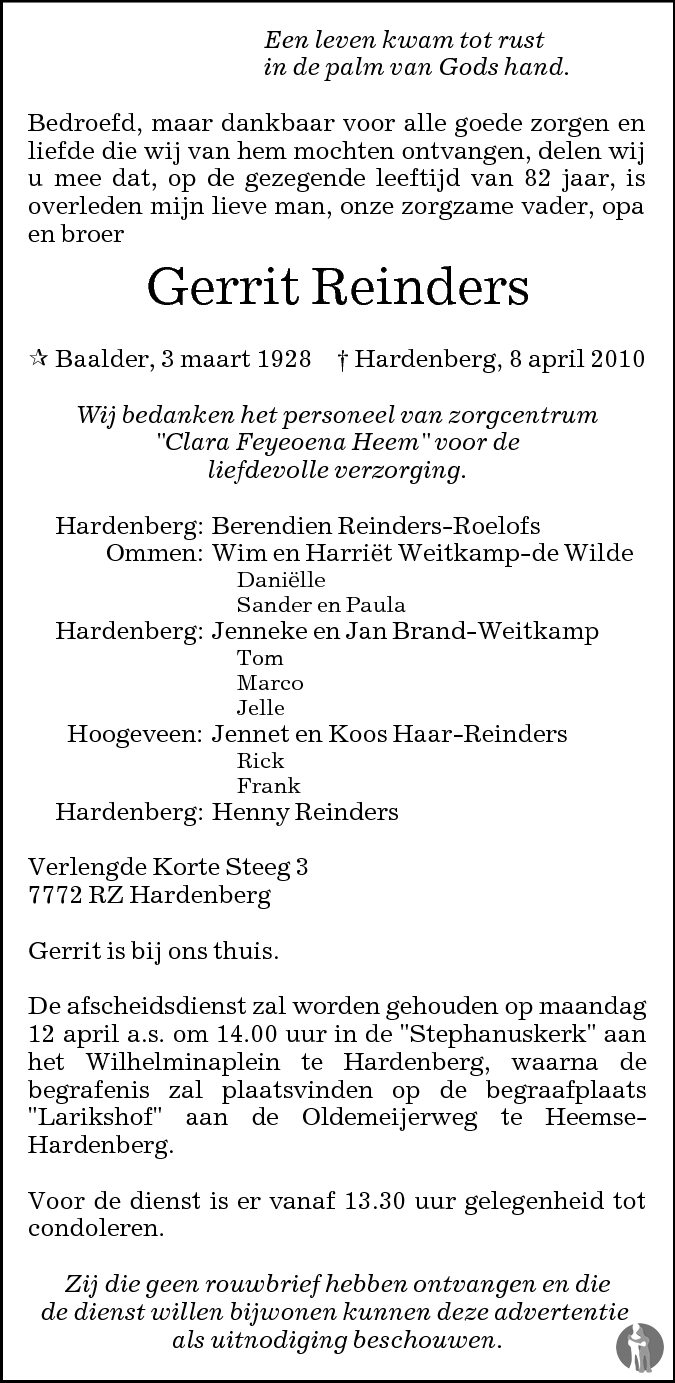 Gerrit Reinders 08-04-2010 overlijdensbericht en condoleances ...