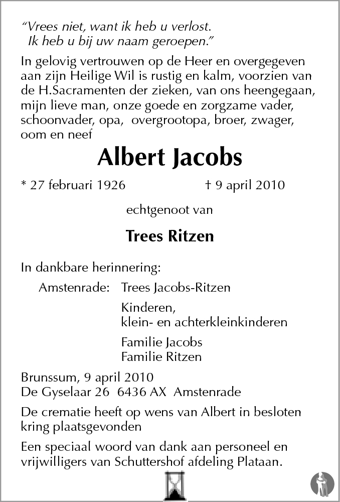 Albert Jacobs 09-04-2010 overlijdensbericht en condoleances - Mensenlinq.nl