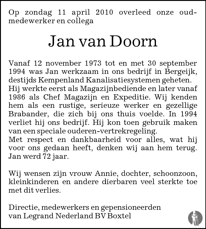 Jan van Doorn 11-04-2010 overlijdensbericht en condoleances - Mensenlinq.nl