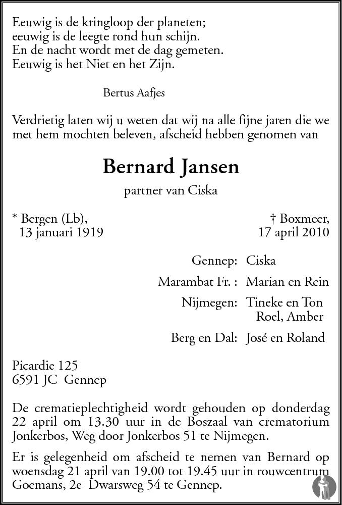 Bernard Jansen 17-04-2010 overlijdensbericht en condoleances ...