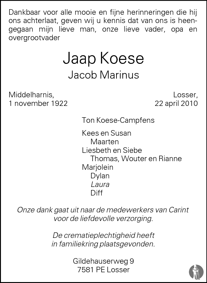Jacob Marinus (Jaap) Koese 22-04-2010 overlijdensbericht en ...