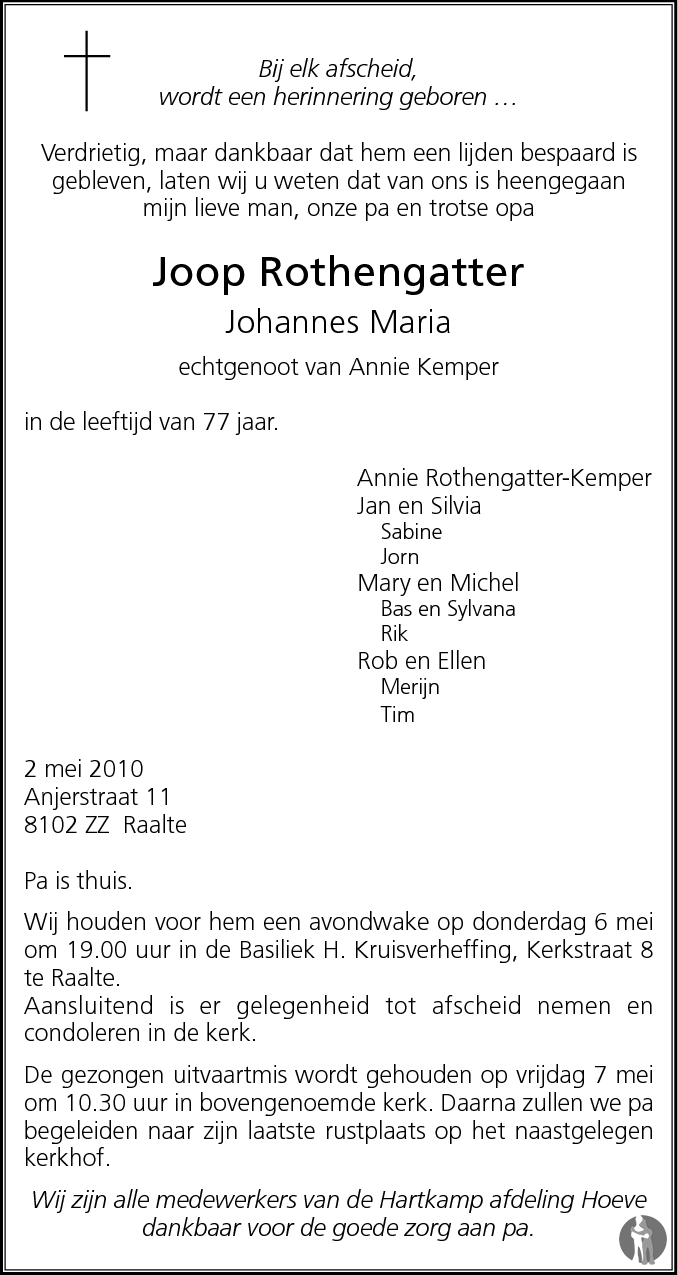 Johannes Maria (Joop) Rothengatter 02-05-2010 overlijdensbericht en ...