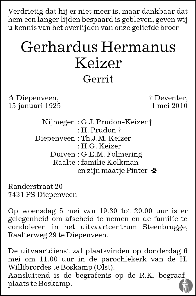 Gerhardus Hermanus (Gerrit) Keizer 01-05-2010 overlijdensbericht en ...